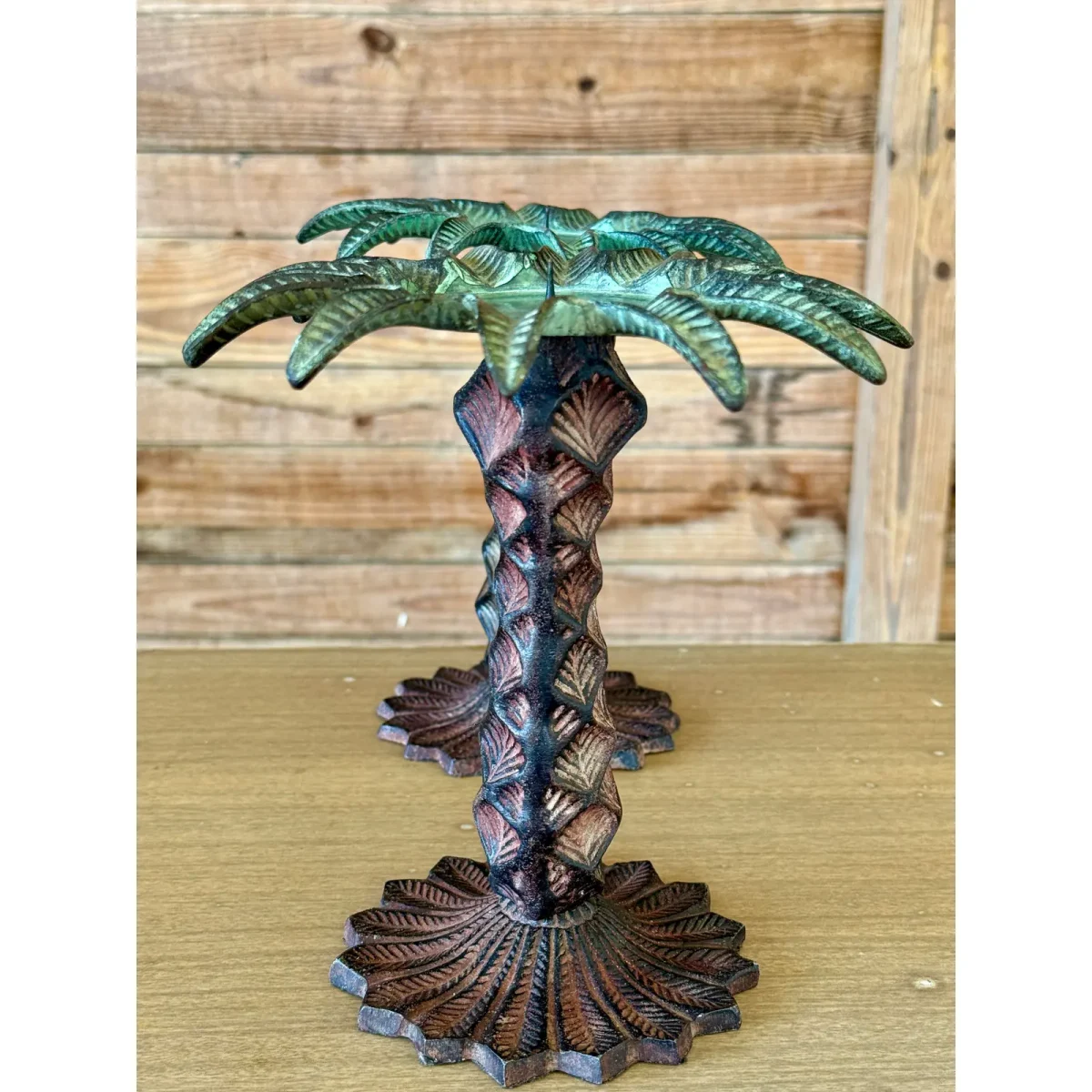 Pair of Vintage Cast Iron Palm Tree Candlestick Holders With Verdigris ...