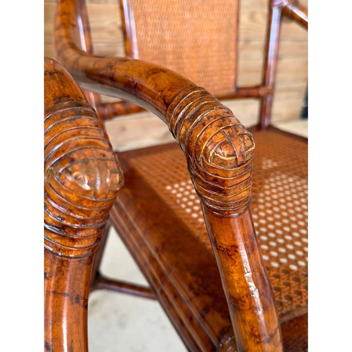 Vintage British Colonial Style Tortoise Rattan Cane Captain’s Chairs ...