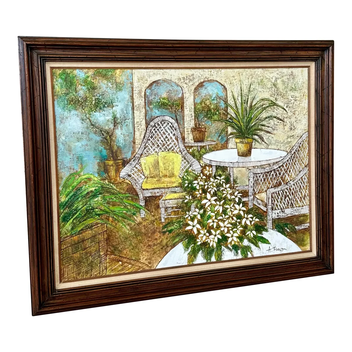 Vintage Coastal Boho Veranda Still Life Wood Framed Oil Painting on ...