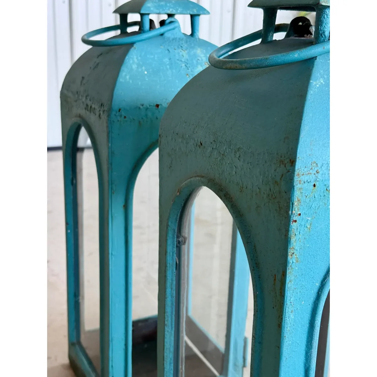 Vintage Coastal Monumental Cast Iron Lanterns With Distressed Turquoise ...