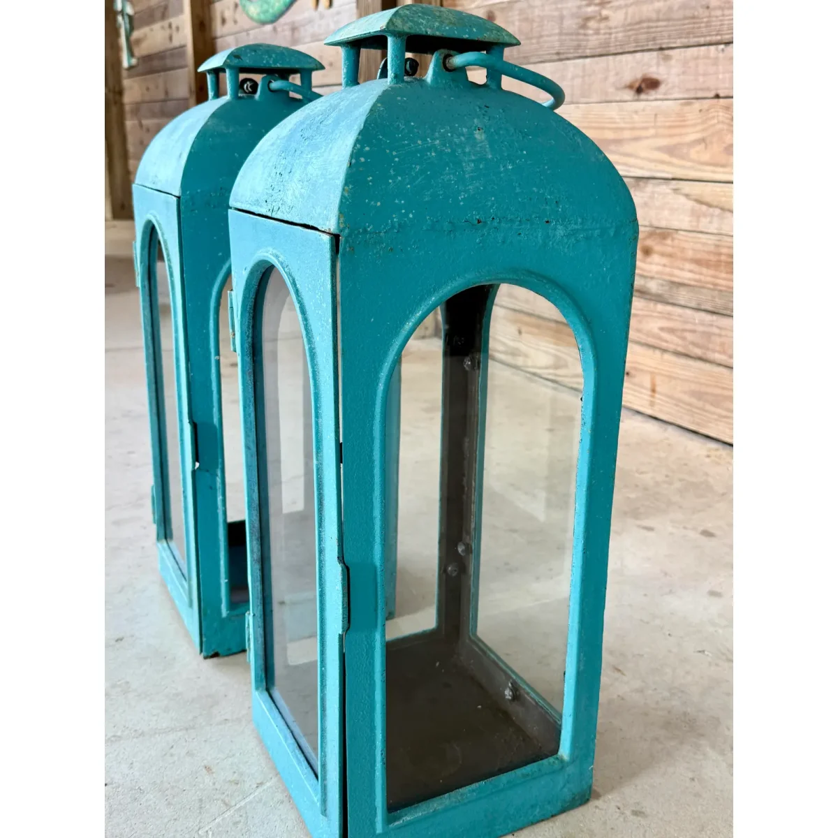 Vintage Coastal Monumental Cast Iron Lanterns With Distressed Turquoise ...