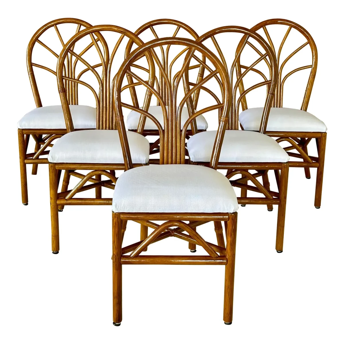 Vintage Coastal Restored Upholstered Rattan Dining Chairs-Set of Six ...