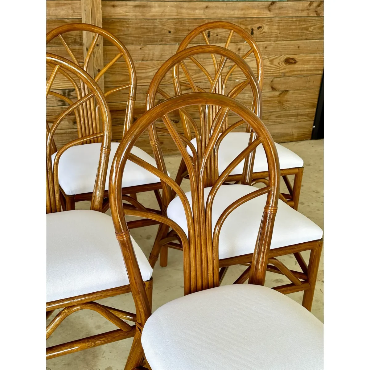 Vintage Coastal Restored Upholstered Rattan Dining Chairs-Set of Six ...