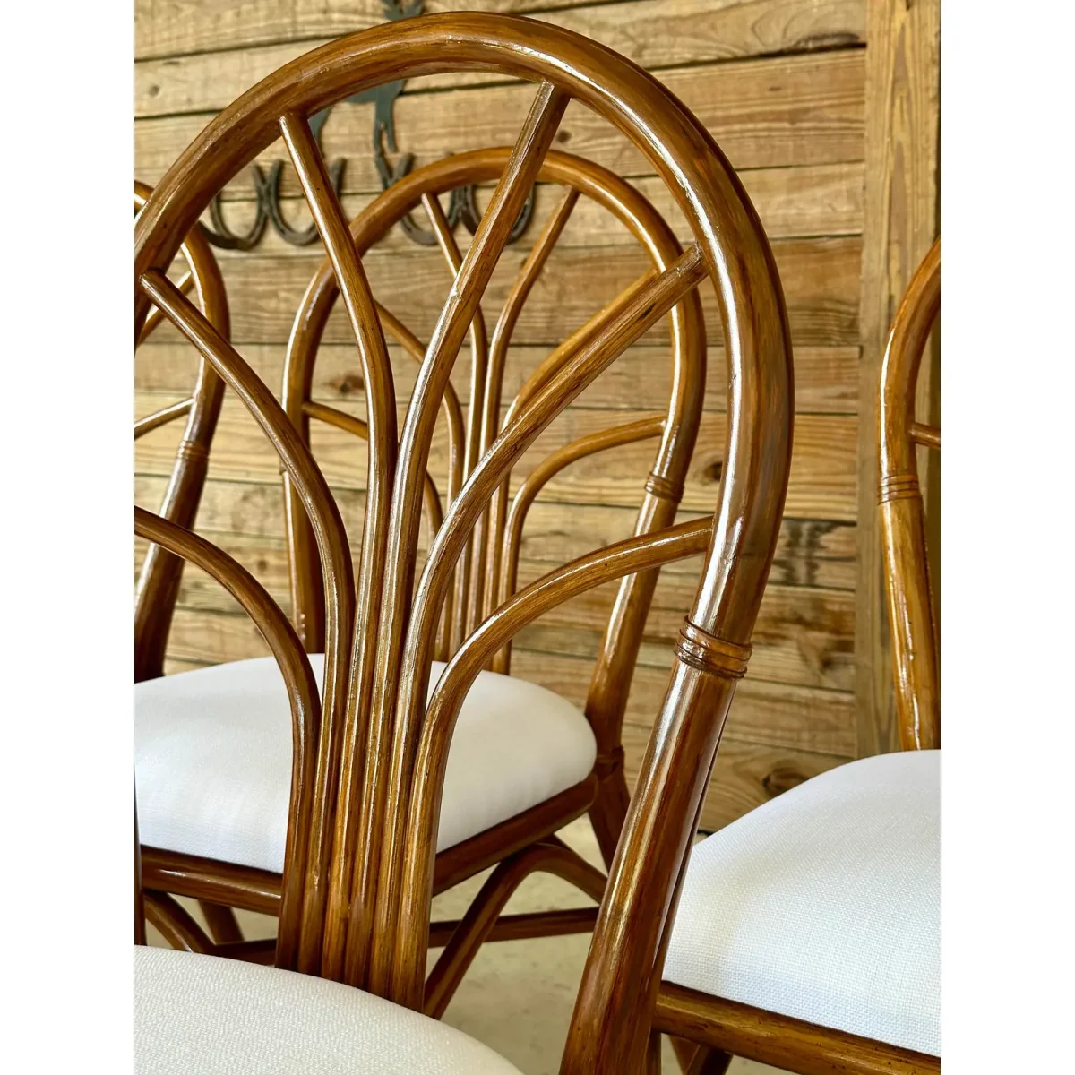 Vintage Coastal Restored Upholstered Rattan Dining Chairs-Set of Six ...