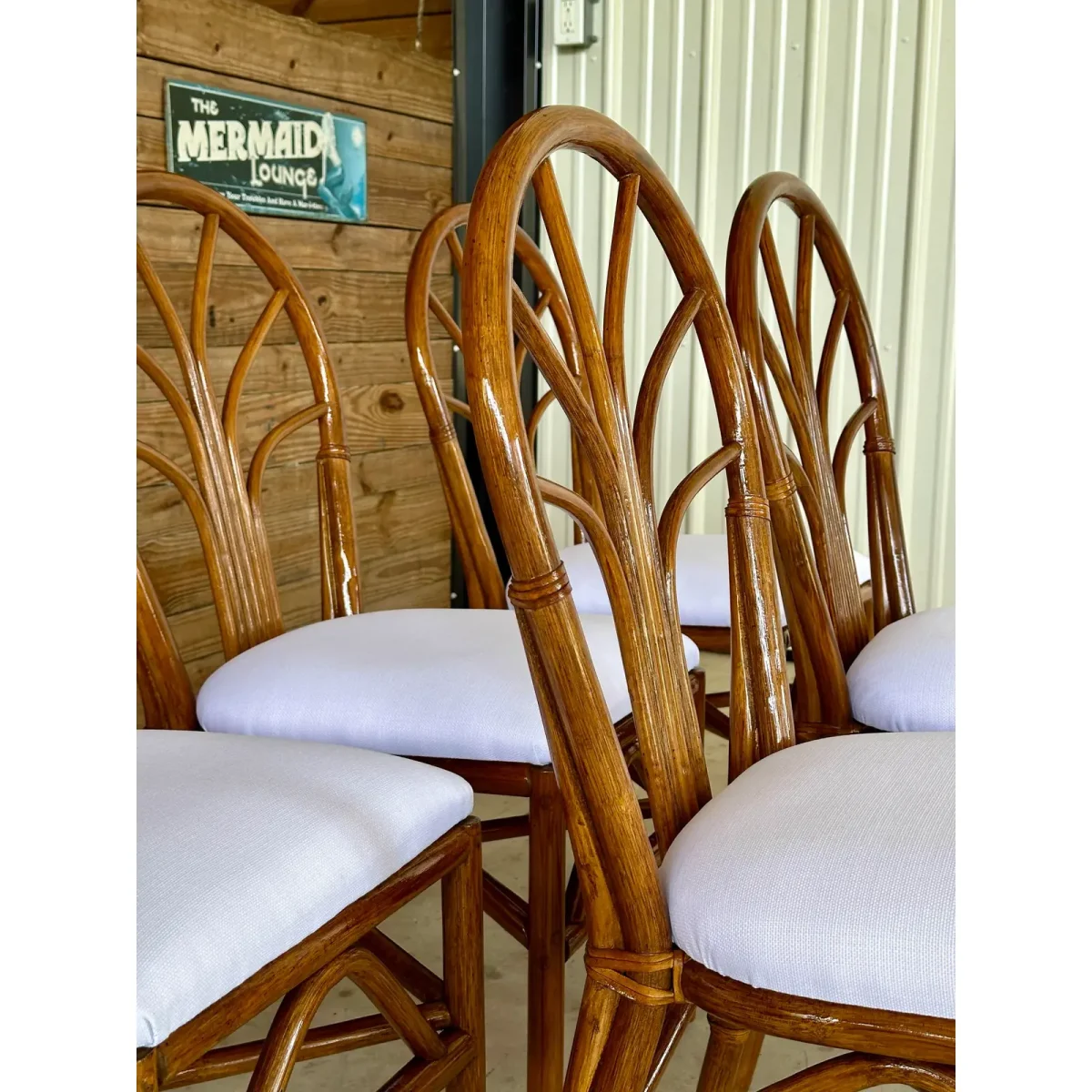 Vintage Coastal Restored Upholstered Rattan Dining Chairs-Set of Six ...