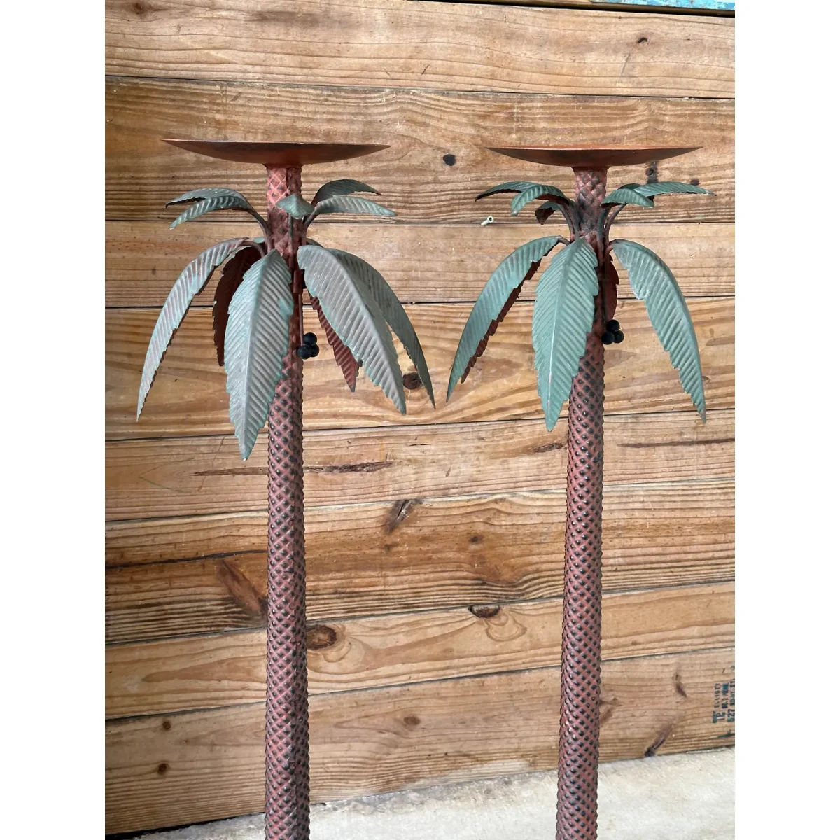 Vintage Coastal Tole Metal Palm Tree Tall Floor Candle Holders-Pairs ...