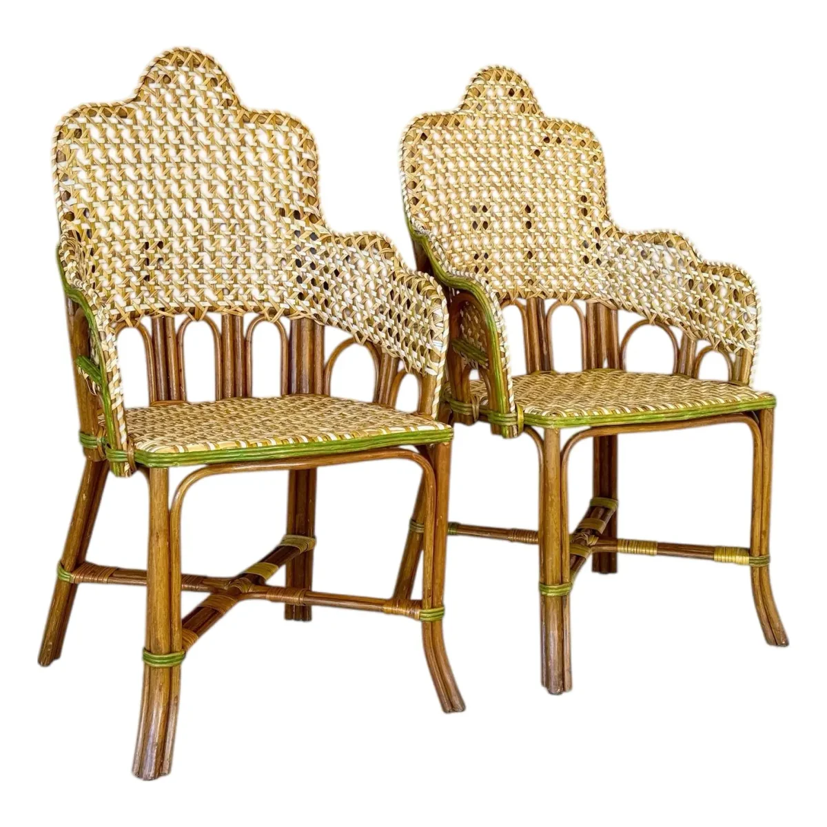Vintage French-Style Rattan Bistro Side Arm Chairs With Handwoven Cane ...