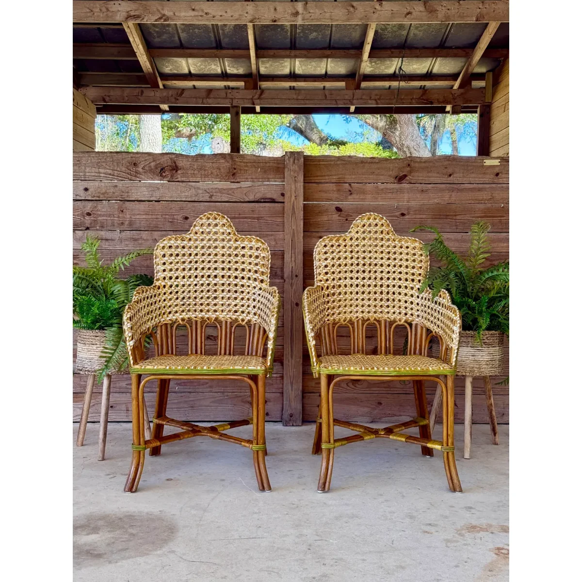 Vintage French-Style Rattan Bistro Side Arm Chairs With Handwoven Cane ...