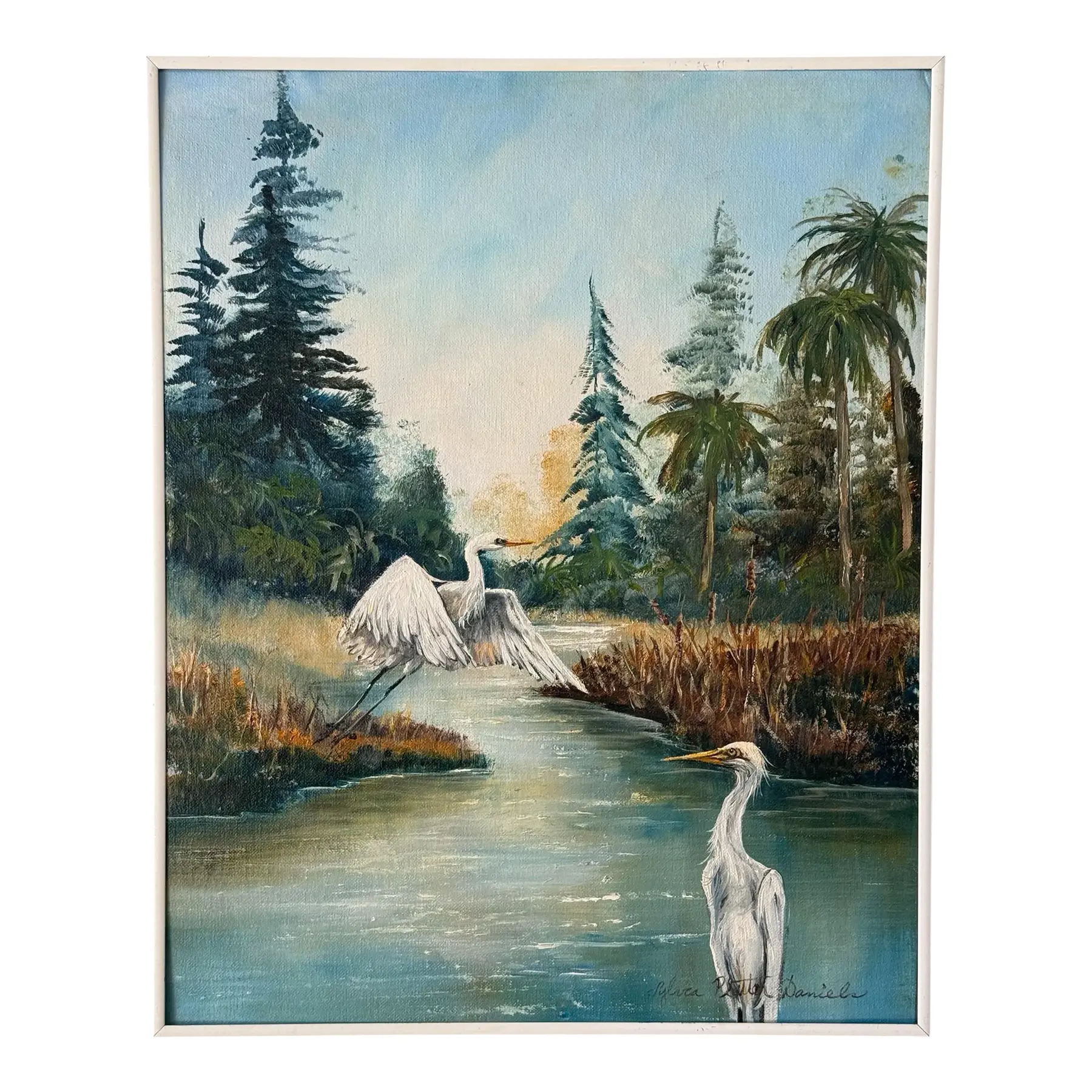Vintage Old Florida Egret Landscape Painting by Debra Pate Daniels ...