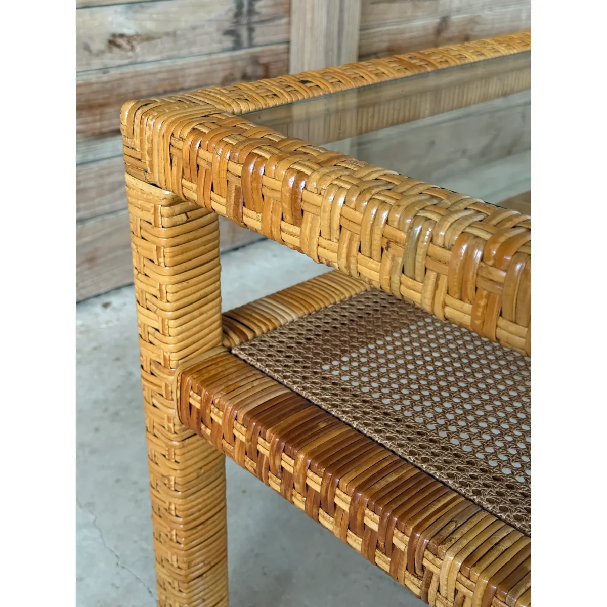 Vintage Organic Modern Rattan & Cane Side Tables With Glass Tops – Pair ...