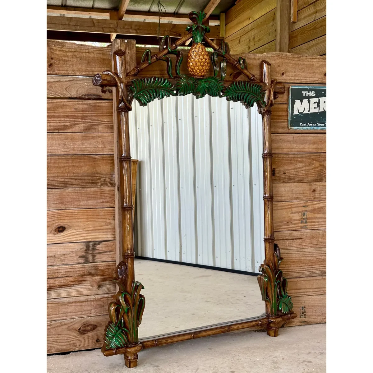 Vintage Regency Coastal Faux Bamboo Pineapple Palm Leaf Wall Mirror ...